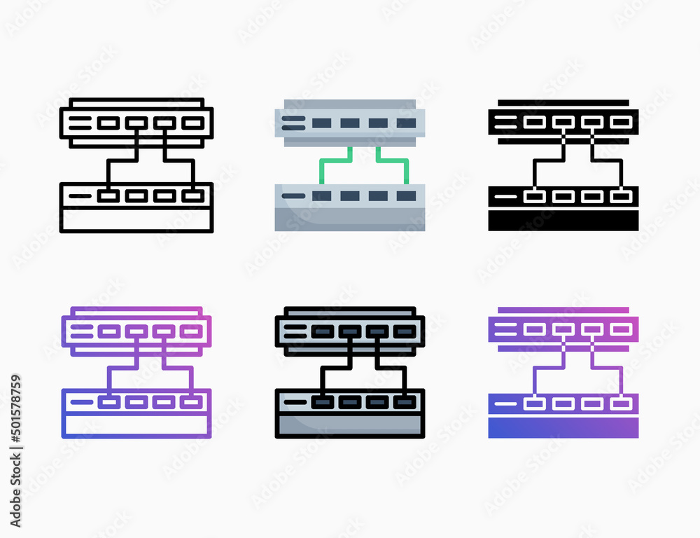 Network switch connection icon set with style line, outline, flat ...