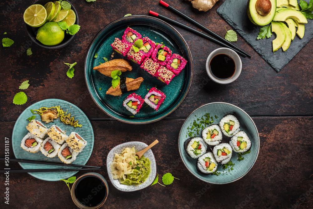 japanese sushi food. Maki ands rolls with tuna, salmon, shrimp, crab ...