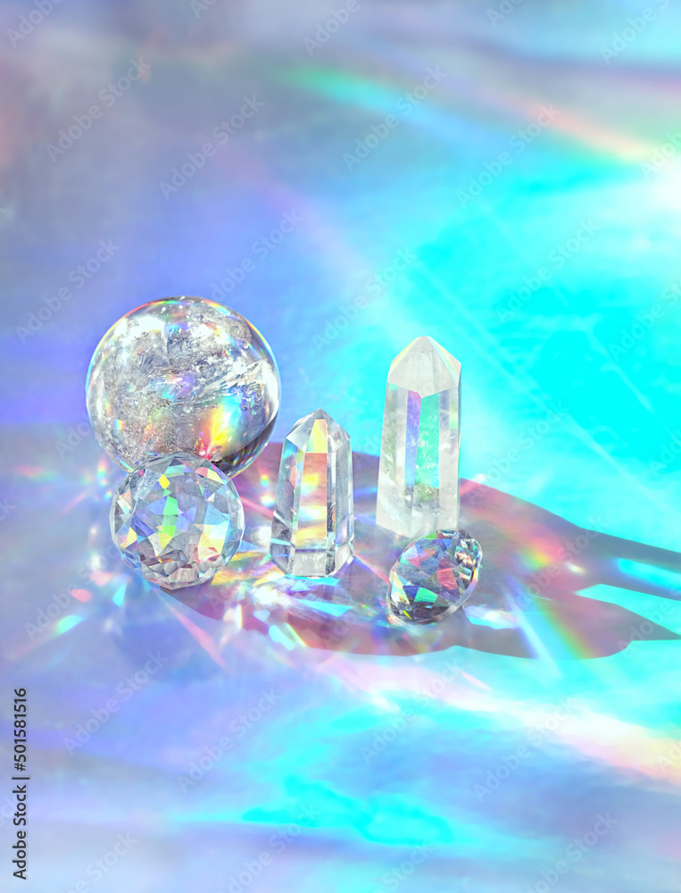 quartz crystal towers, prism, ball on holographic background ...