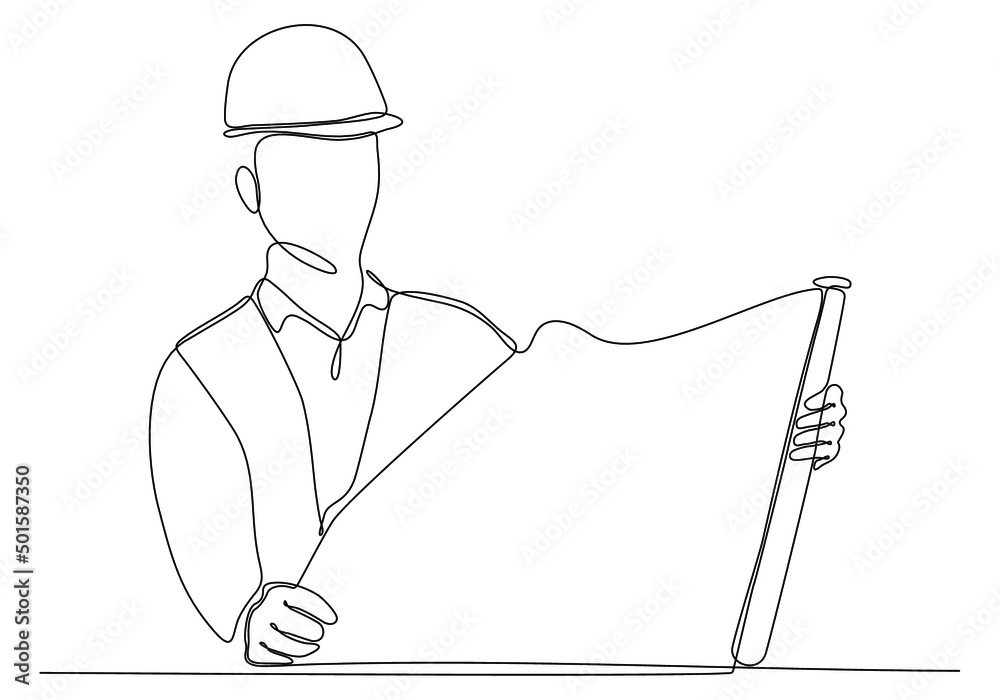 continuous line drawing of male foreman manager controlling building ...