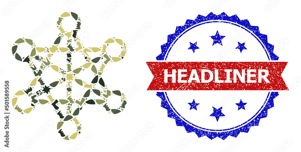 Military camouflage mosaic of star network icon, and bicolor rubber ...