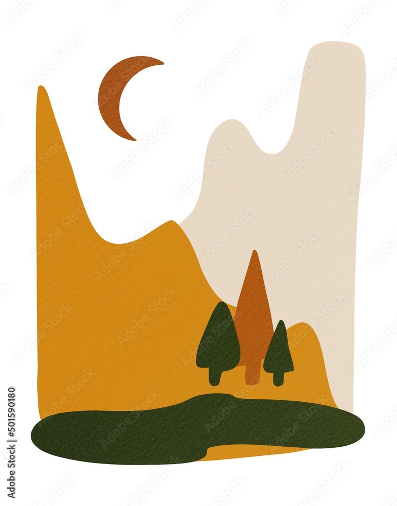 Hand Drawing Abstract Boho Landscape Composition. Earthen pastel shades ...