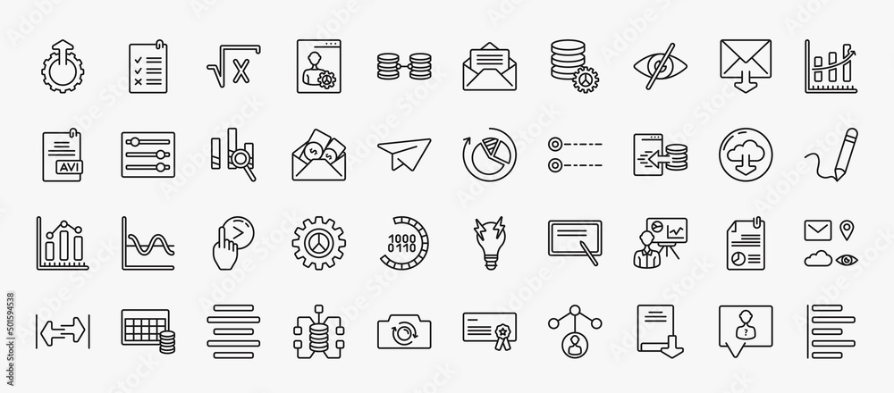 set of 40 user interface icons in outline style. thin line icons such ...