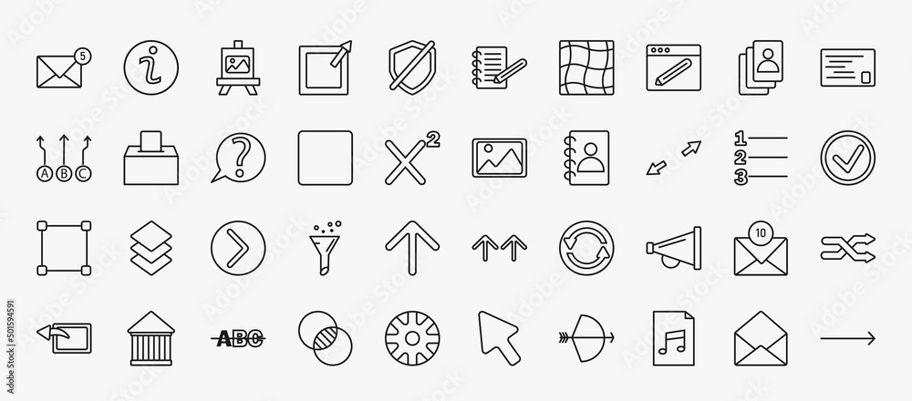 set of 40 user interface icons in outline style. thin line icons such ...