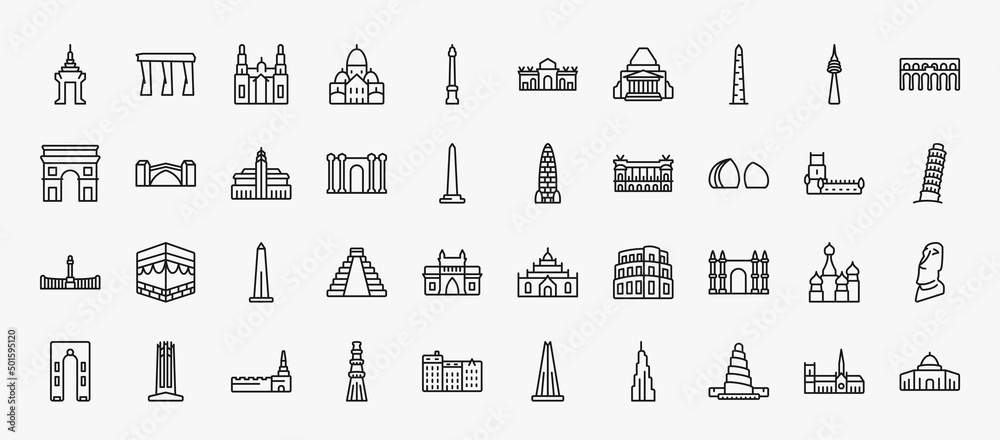 Poster set of 40 monuments icons in outline style – Wall Art | UkPosters