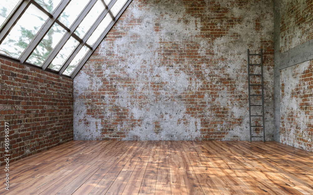 Industrial style of interior design with grunge walls, loft style, 3d ...