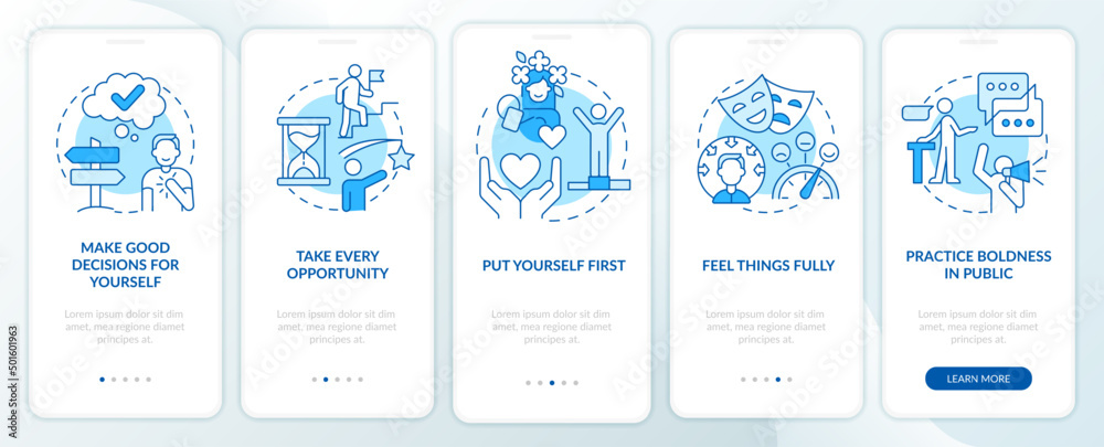 Boosting mental health and wellbeing blue onboarding mobile app screen ...