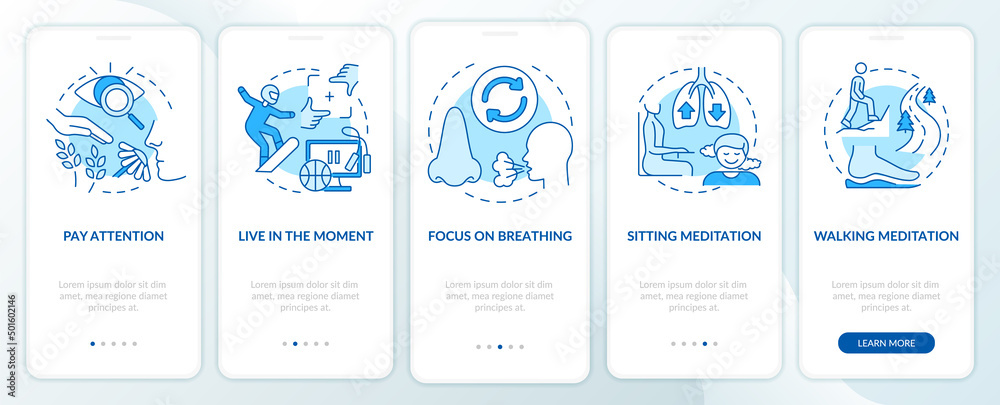 Mindfulness Techniques Blue Onboarding Mobile App Screen Pay Attention Walkthrough 5 Steps