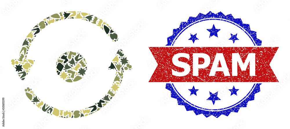 Military camouflage mosaic of rotation icon, and bicolor grunge Spam ...