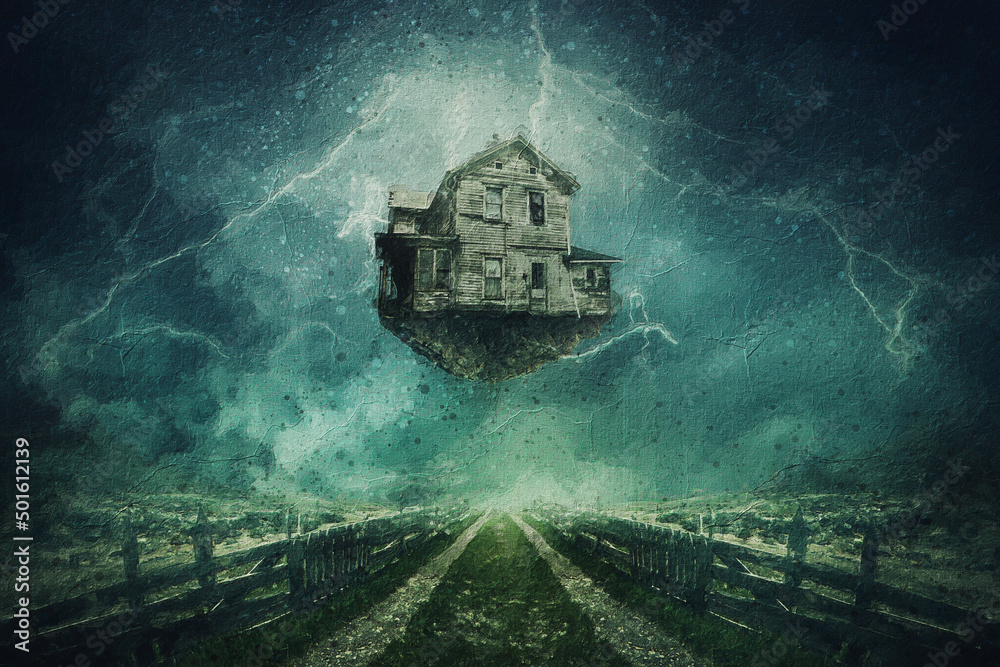 Alluring painting of a flying haunted house with stormy clouds and ...