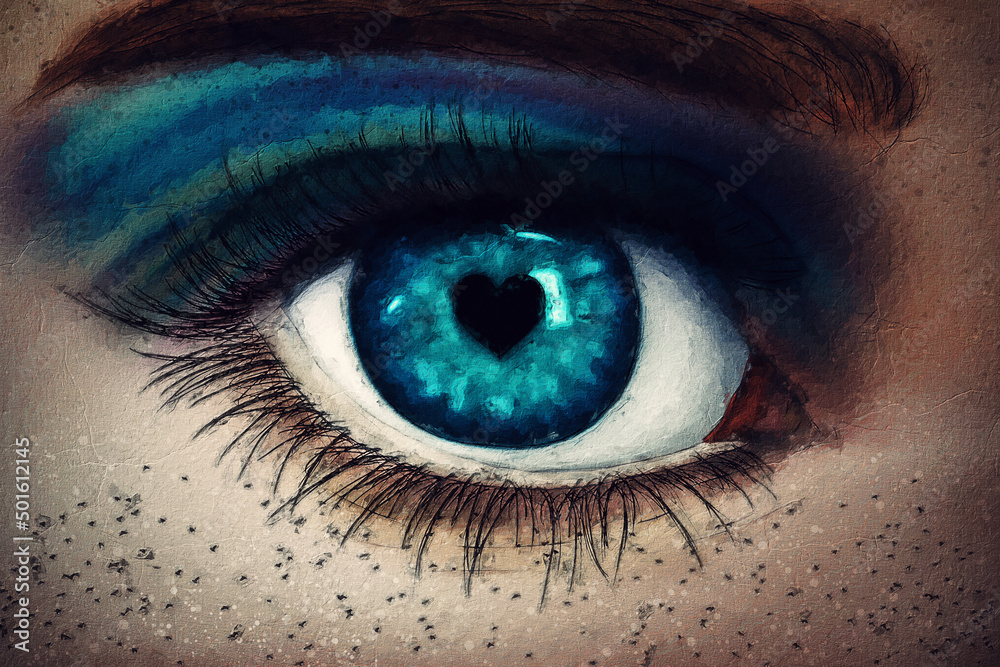 Beautiful painting of human eye closeup with heart shaped pupil and ...