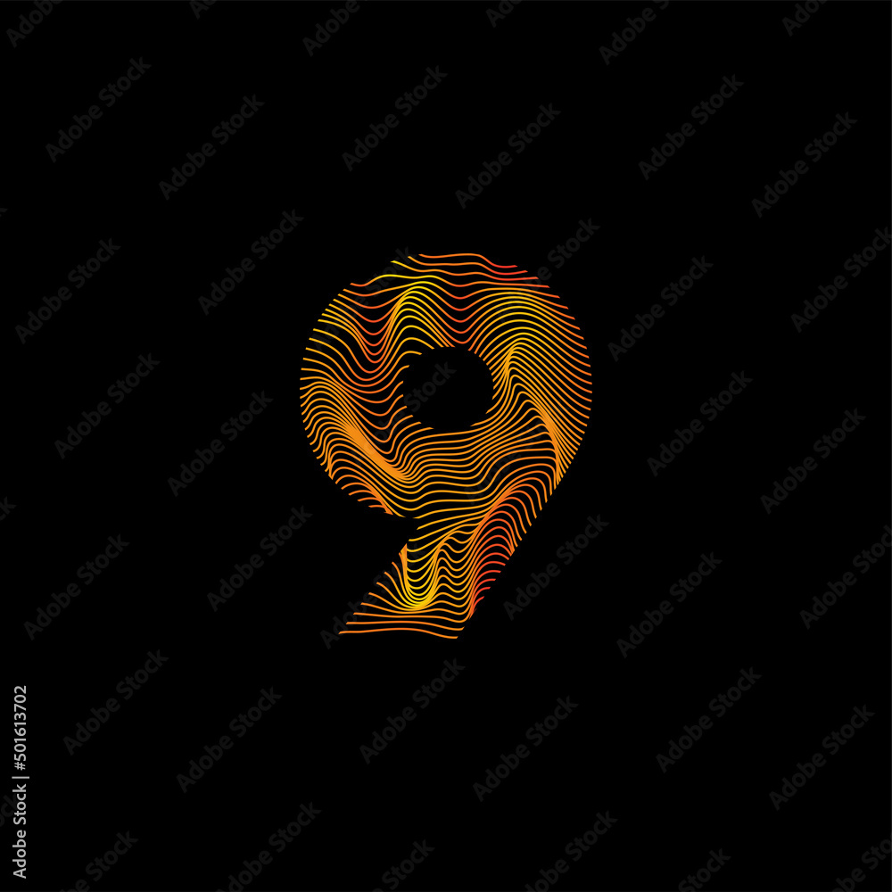 Wavy line number 9. Number with motion wave. number 9. Number logo with ...