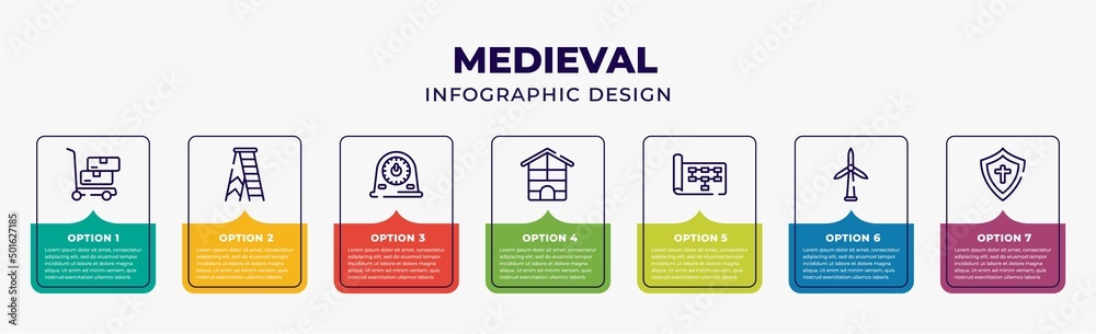 medieval infographic design template with freight, stair, kitchen timer ...