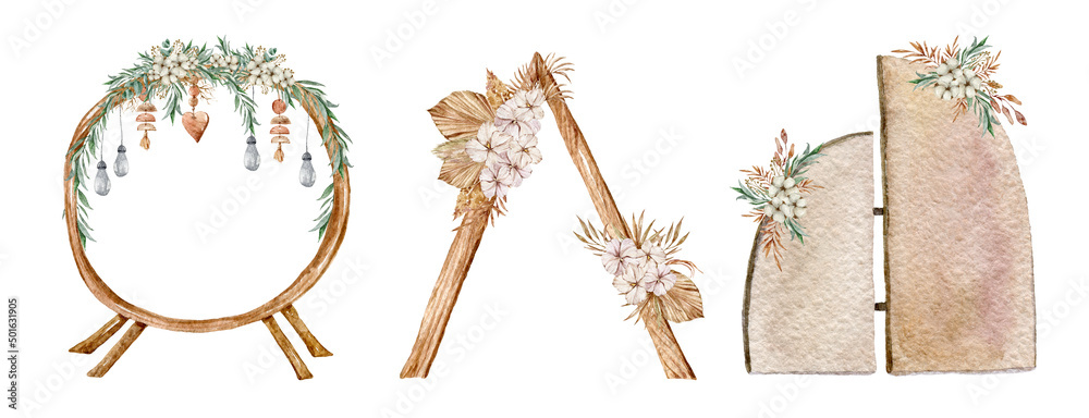 Watercolor bohemian wedding arches clipart set. Boho wedding floral ...