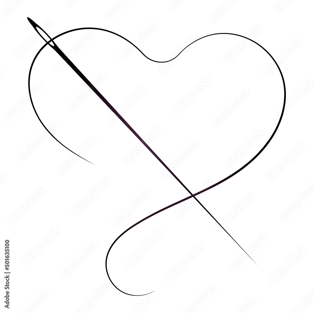 Symbol of love in sewing. Needle and thread in the shape of a heart ...