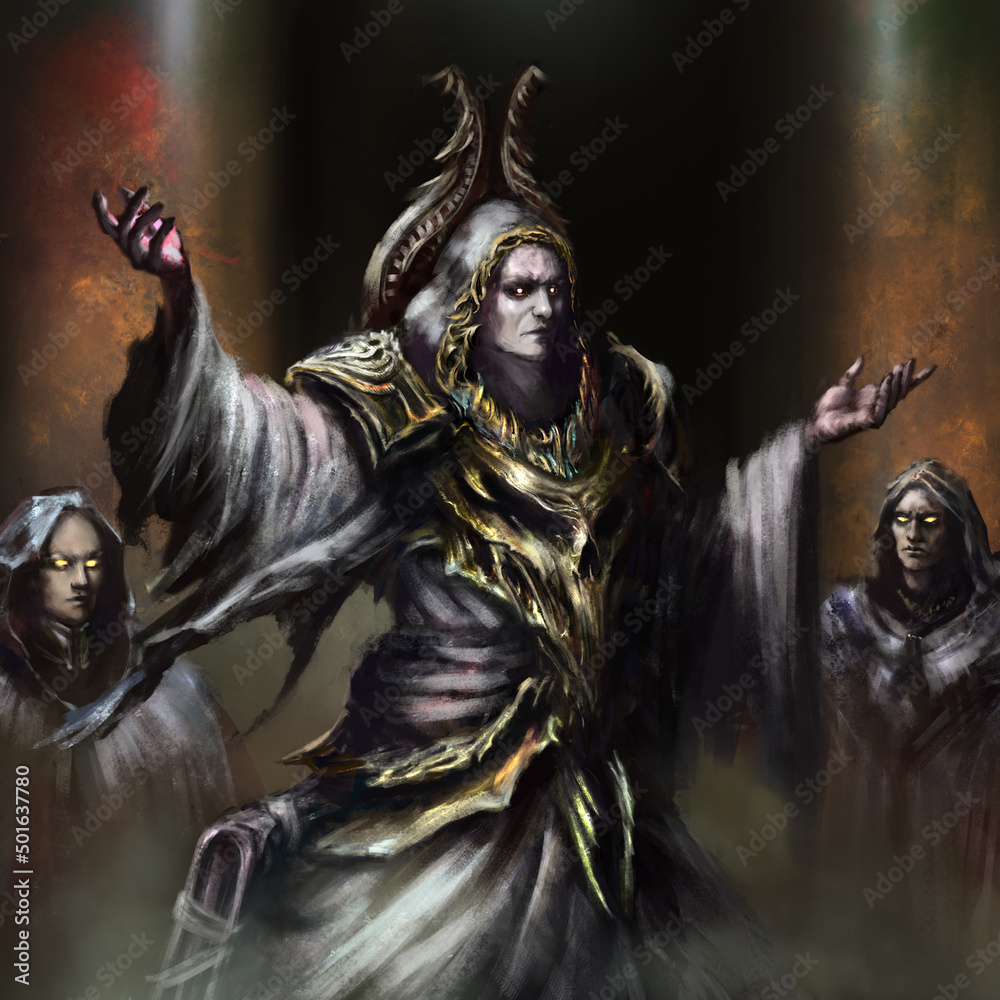 A group of cultists perform a ritual in a dark dungeon, they have pale ...