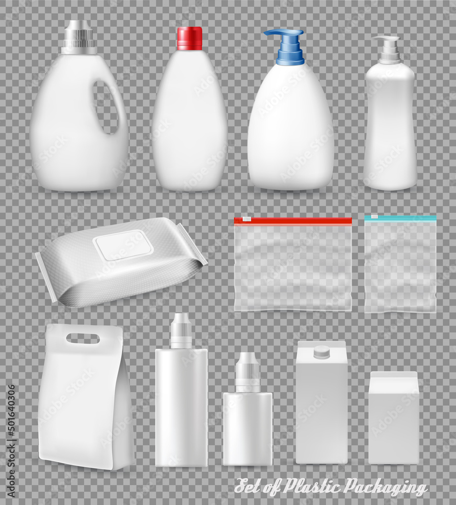 Big set of polypropylene plastic packaging - sacks, tray, doypack ...