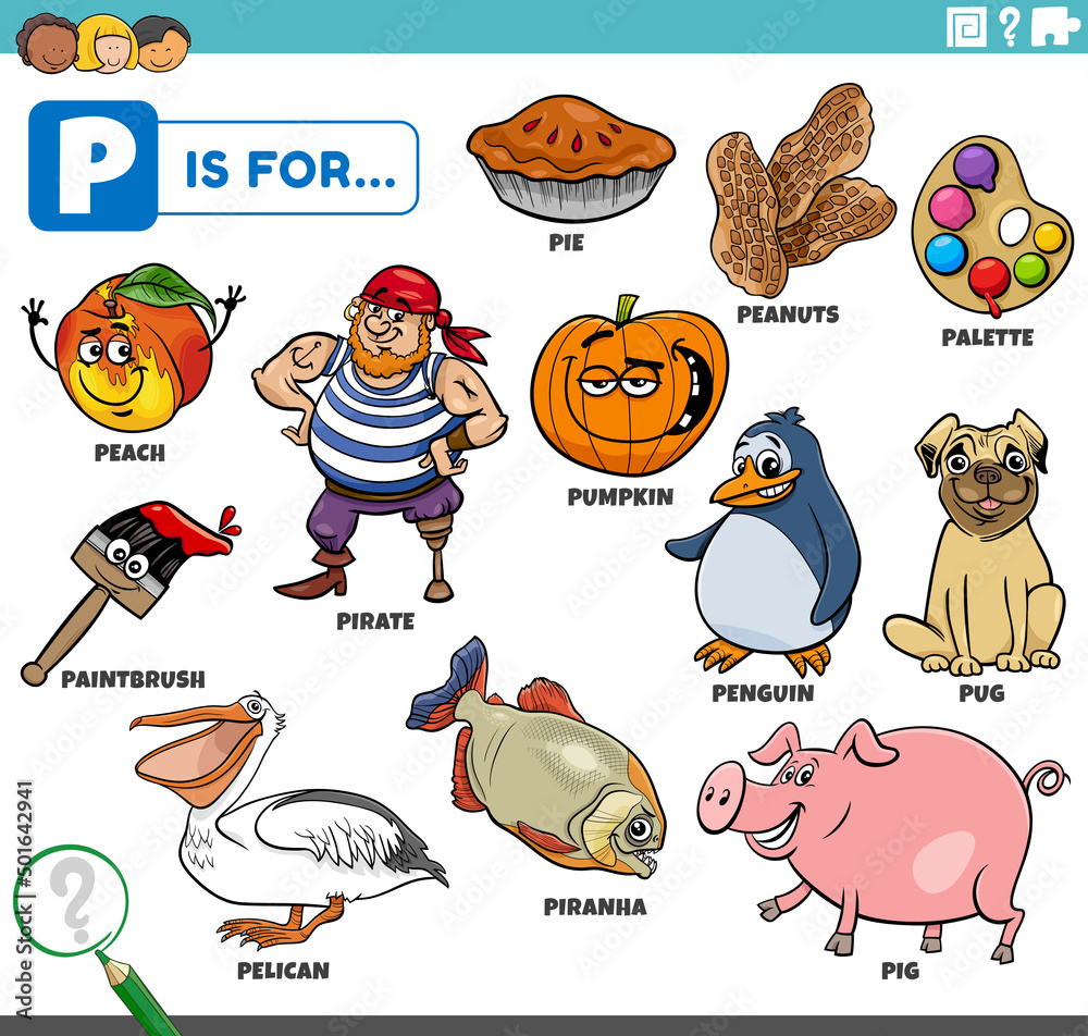 letter p words educational set with cartoon characters Stock Vector ...