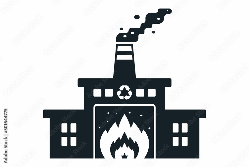 black icon with pipe and smoke. waste incineration plant. flat vector ...
