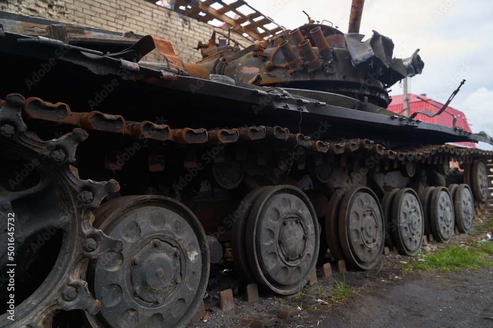 Broken tanks, combat vehicles and other burnt military equipment of the ...