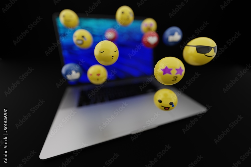Emoticons coming out of the computer, laptop. Social media concept ...