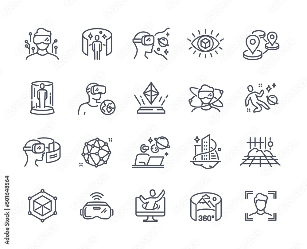 Metaverse line icon set. Minimalistic stickers with virtual reality ...