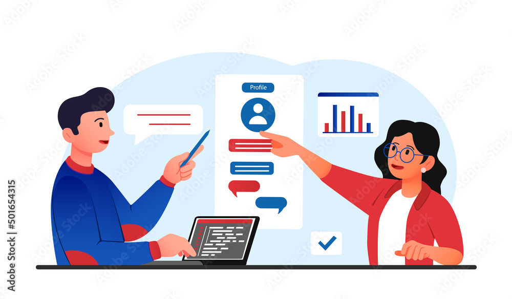 Know your customers concept. Young male and female marketers create ...