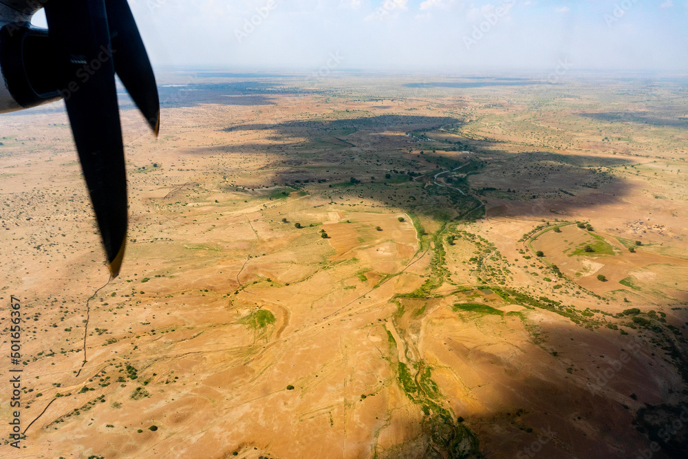 View of Thar desert from an aeroplane, Rajasthan, India. The propellers ...