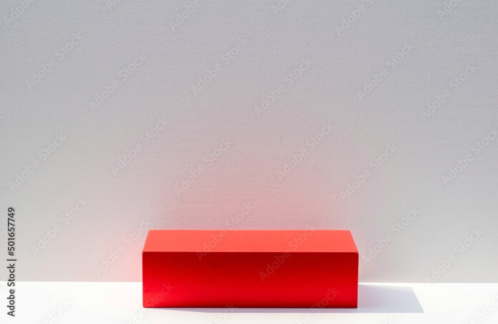 Red podium stage box with sunlight shadow on white backdrop base for ...