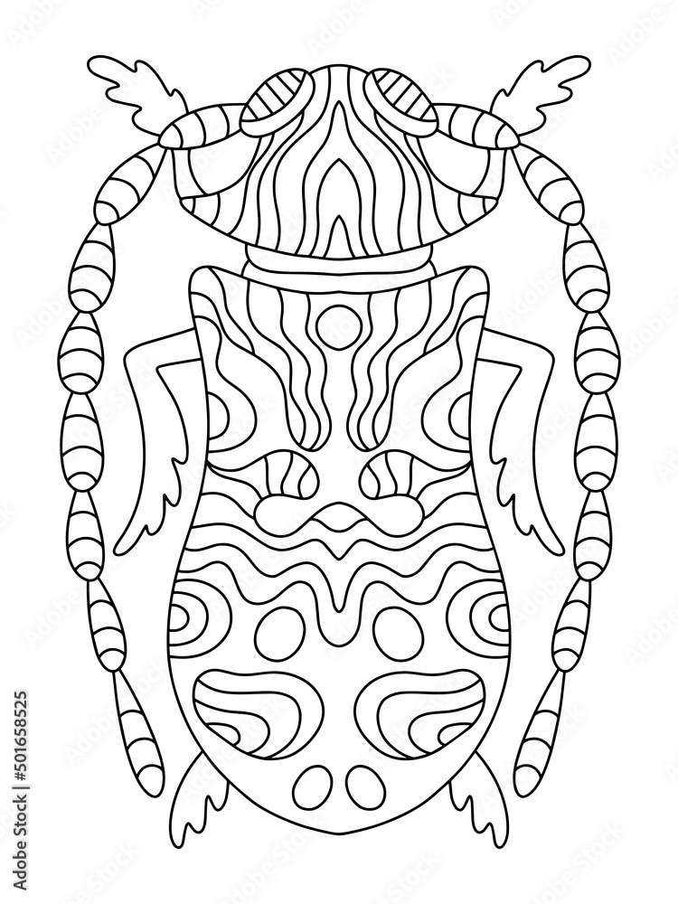 Hand-drawn longhorn beetle coloring page for adults vector illustration ...