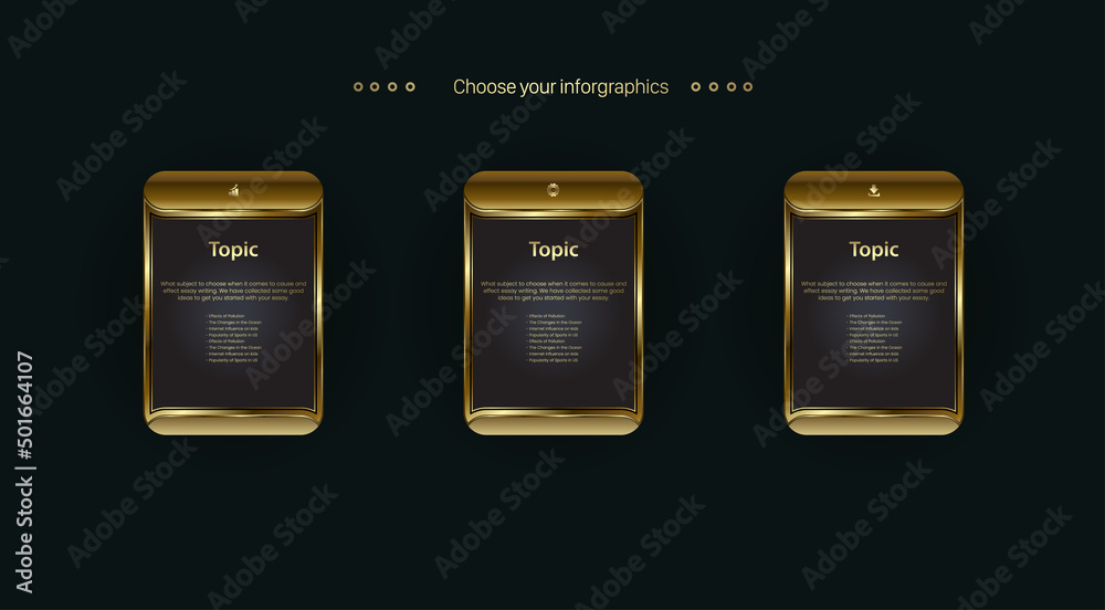 a set of three Golden iron web set button on black background design ...