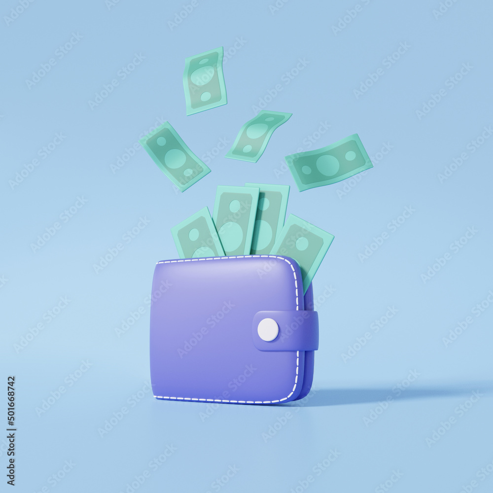 Purple wallet icon with banknotes floating, Cashback concept. Finance ...