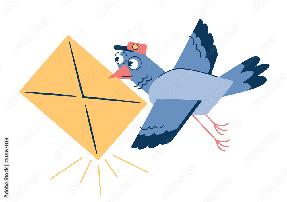 Cartoon bird is carrying an envelope. Mailing service. Messaging ...