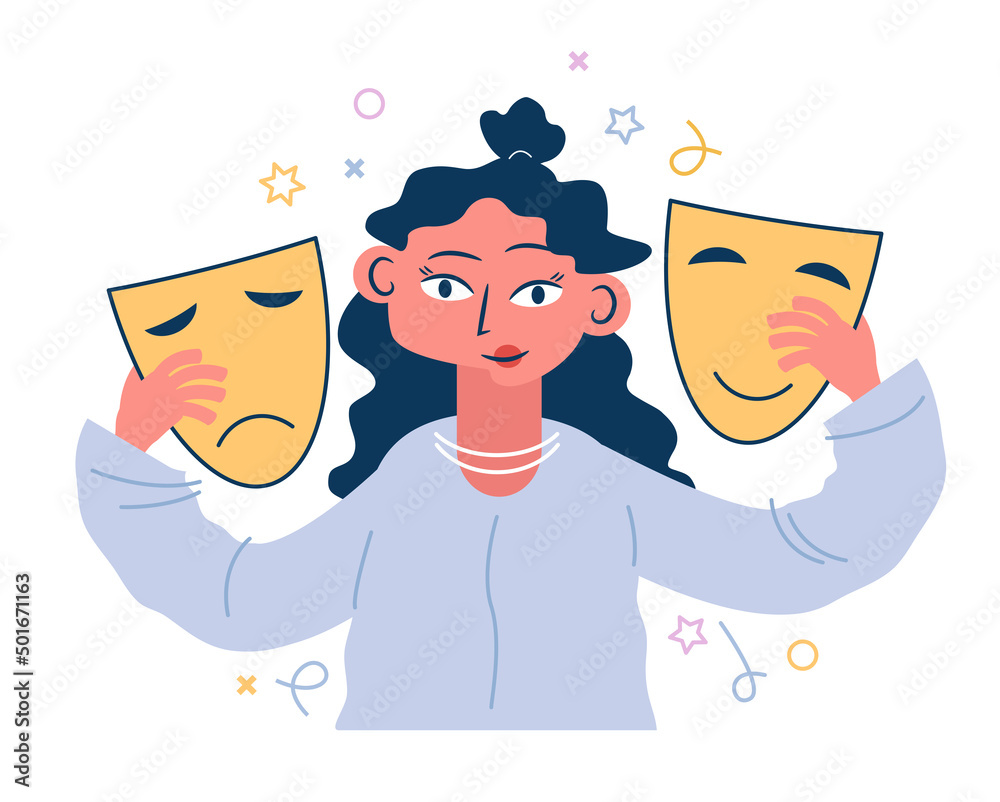 The cartoon man is holding two masks, one is sad and the other is happy ...