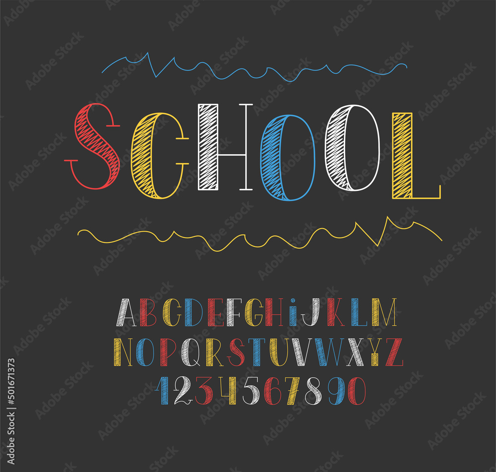 School kids font. Chalk english letters and numbers from 0 to 9 ...