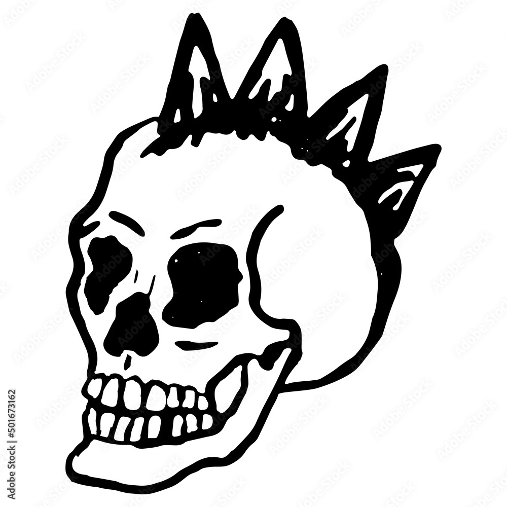 Black and white vector rough sketch of a punk skull with mohawk. Hand ...