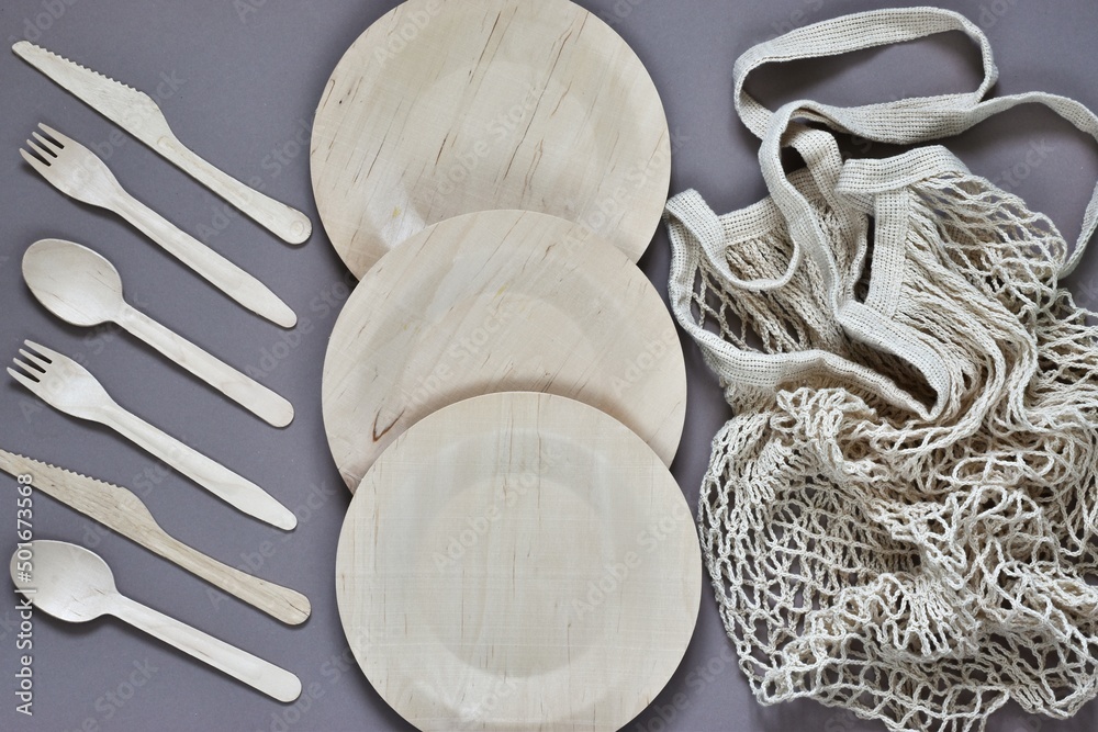 Biodegradable, eco friendly tableware set with cutlery. Plates, forks ...