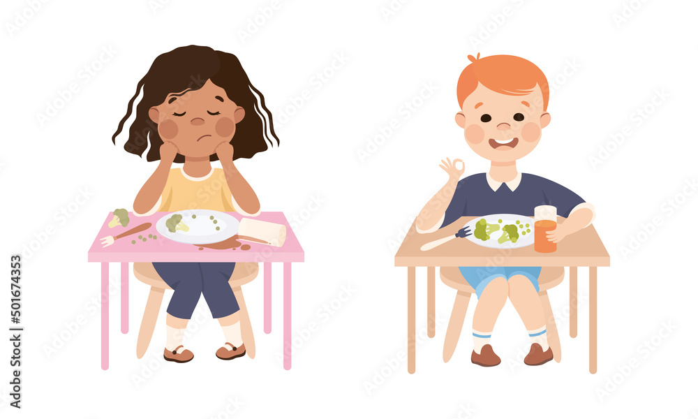 Cute boy and girl eating neat and messy cartoon vector illustration ...