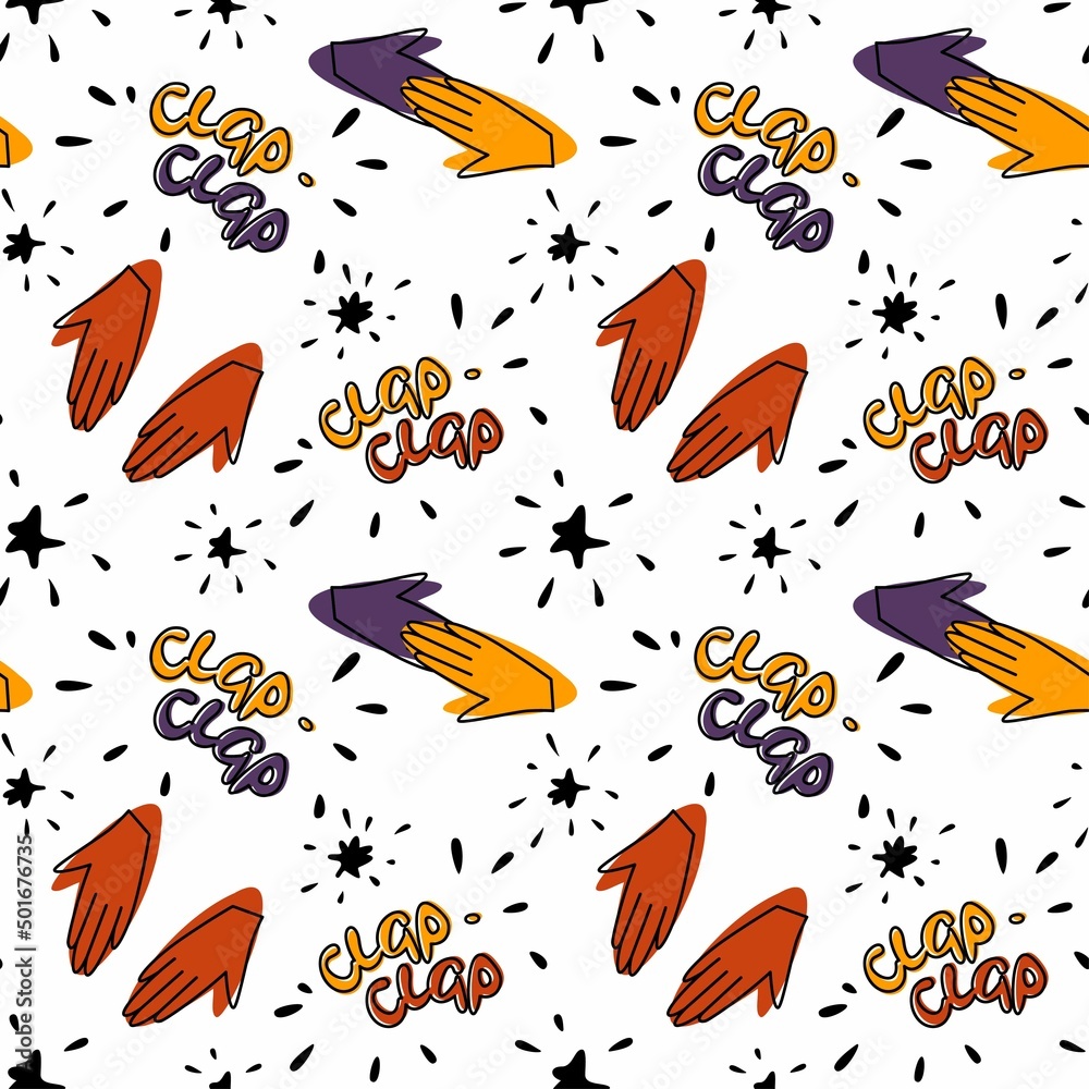 Seamless pattern with clapping hands. Star radiation. Lettering in the ...
