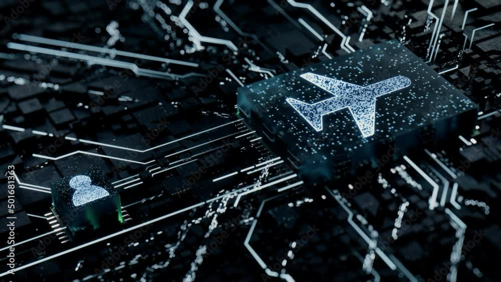 Flight Technology Concept with airplane symbol on a Microchip. White ...