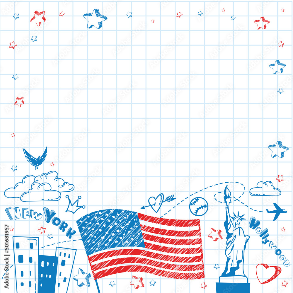 Cute and lovely hand drawn doodle ink cartoon poster with USA flag ...