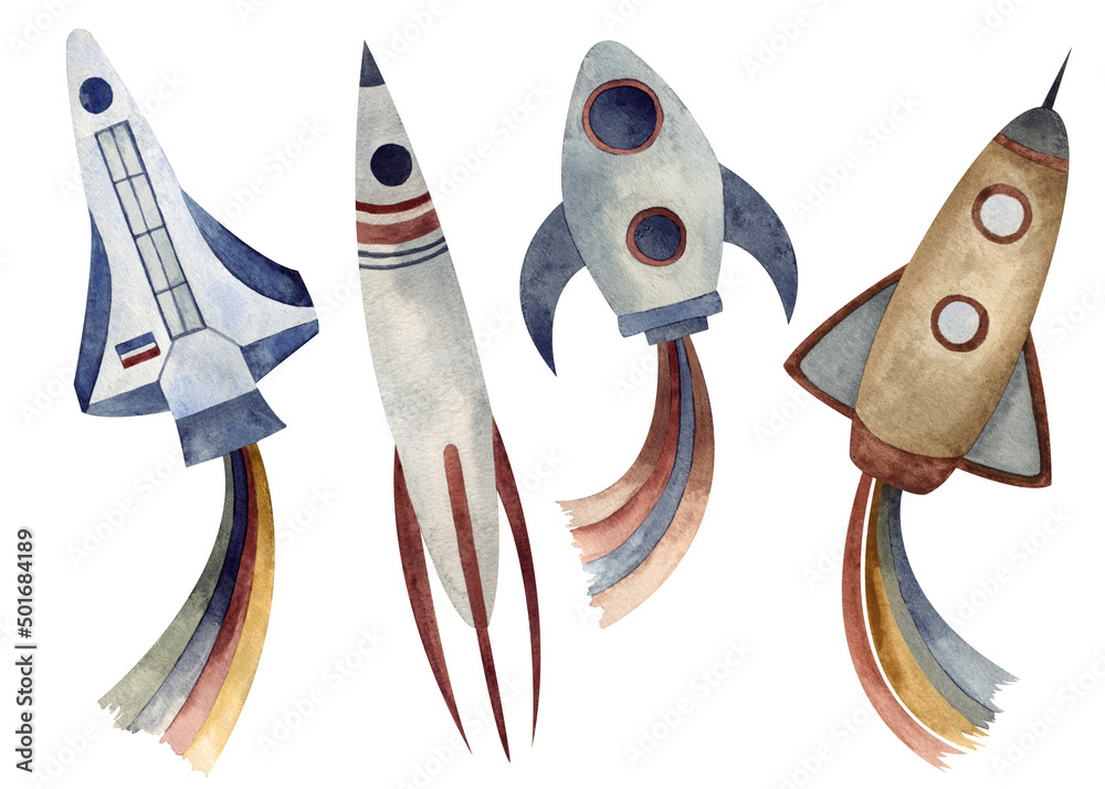 Watercolor illustration. Hand-painted rocket ships with brown red blue ...