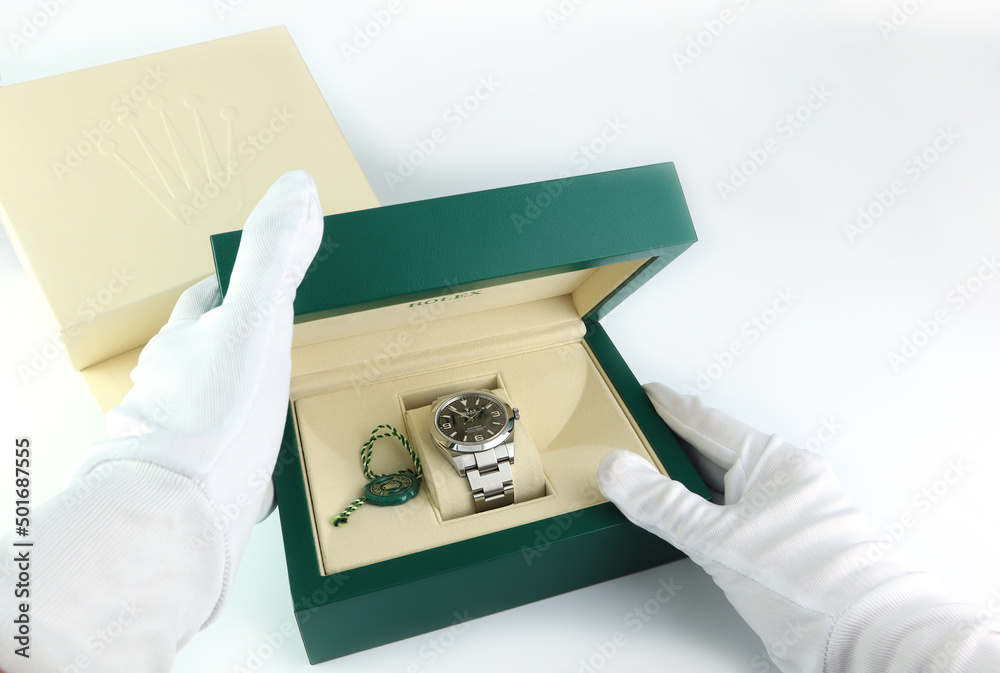 Rolex wristwatch explorer I model is inside the green leather box of ...