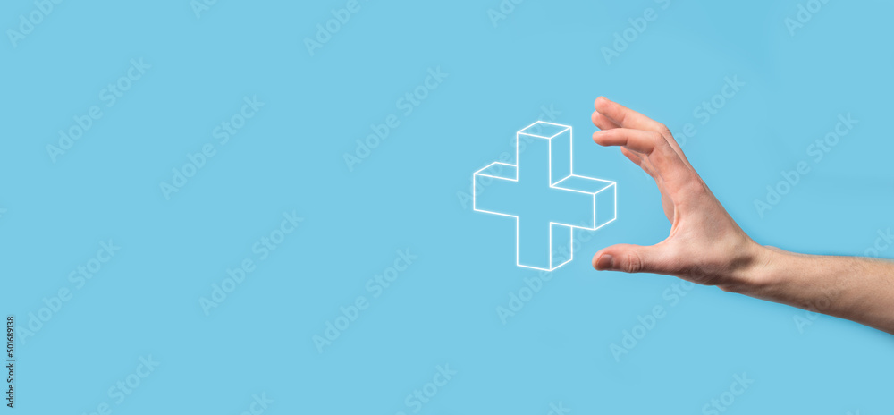 Hand hold 3D plus icon, man hold in hand offer positive thing such as ...
