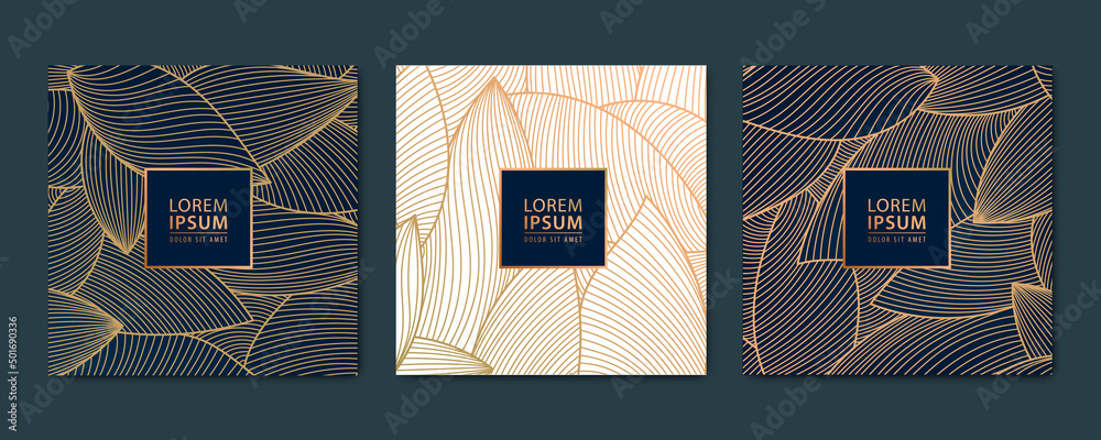 Vector set of gold line leaf cards, square luxury design patterns ...