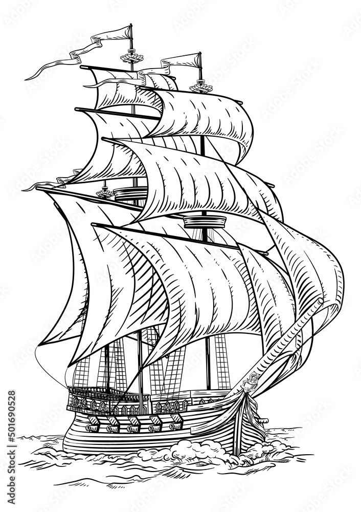 Old Vintage Ship Pirate Sail Boat Galleon Woodcut Stock Vector | Adobe ...