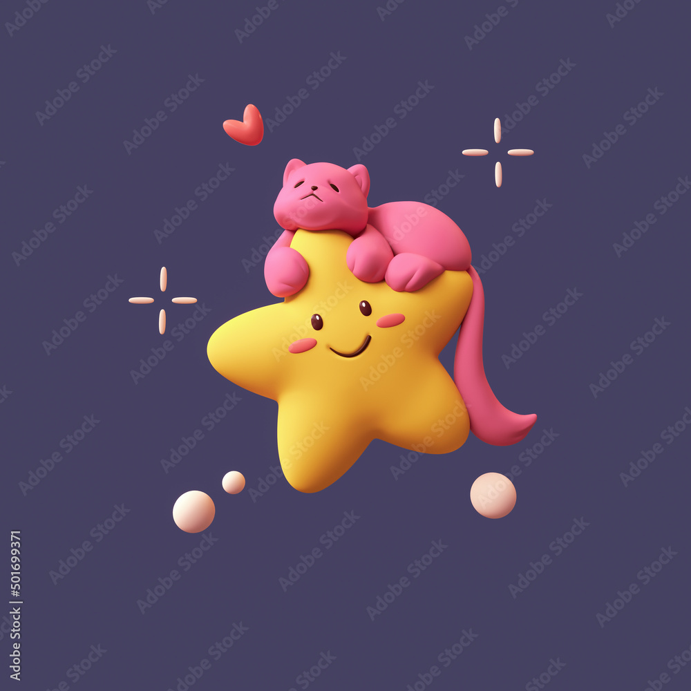 Fluffy pink cartoon cat sleeps lying on a yellow star floating in the ...
