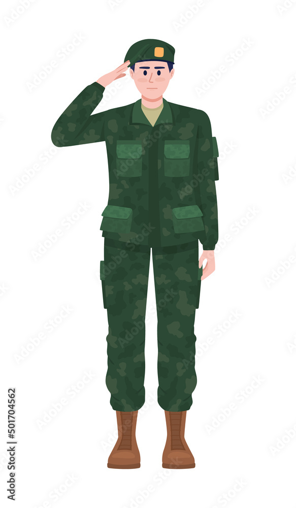 Soldier in military clothes saluting semi flat color vector character ...