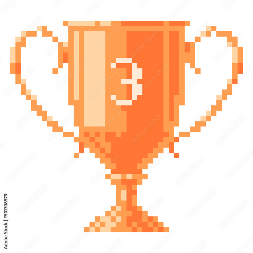 Bronze cup, third place trophy 8-bit pixel graphics icon. Pixel art ...