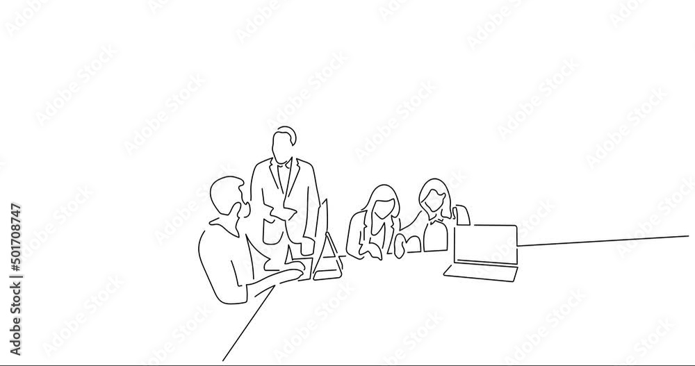 Teamwork using technology in line art animation. Footage of a group of ...